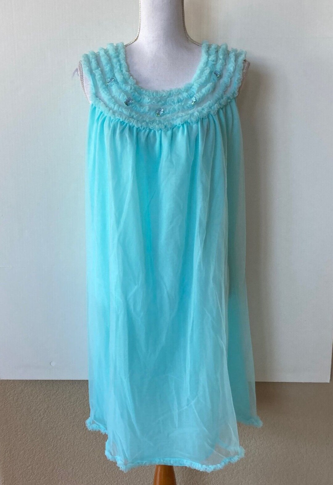 Vintage Baby Doll Chiffon Nightie Night Gown Turquoise Blue Ruffle Sz M ...