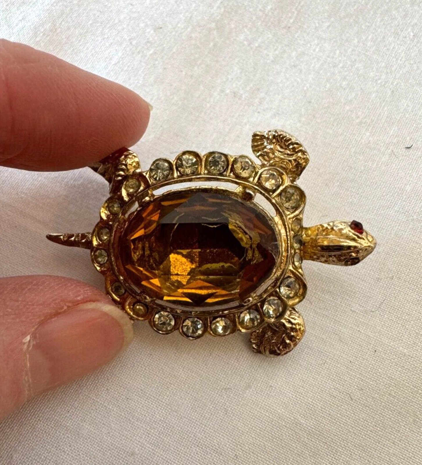 Vintage Turtle Gold Tone Topaz Glass Faceted Brooch Pin - Etsy