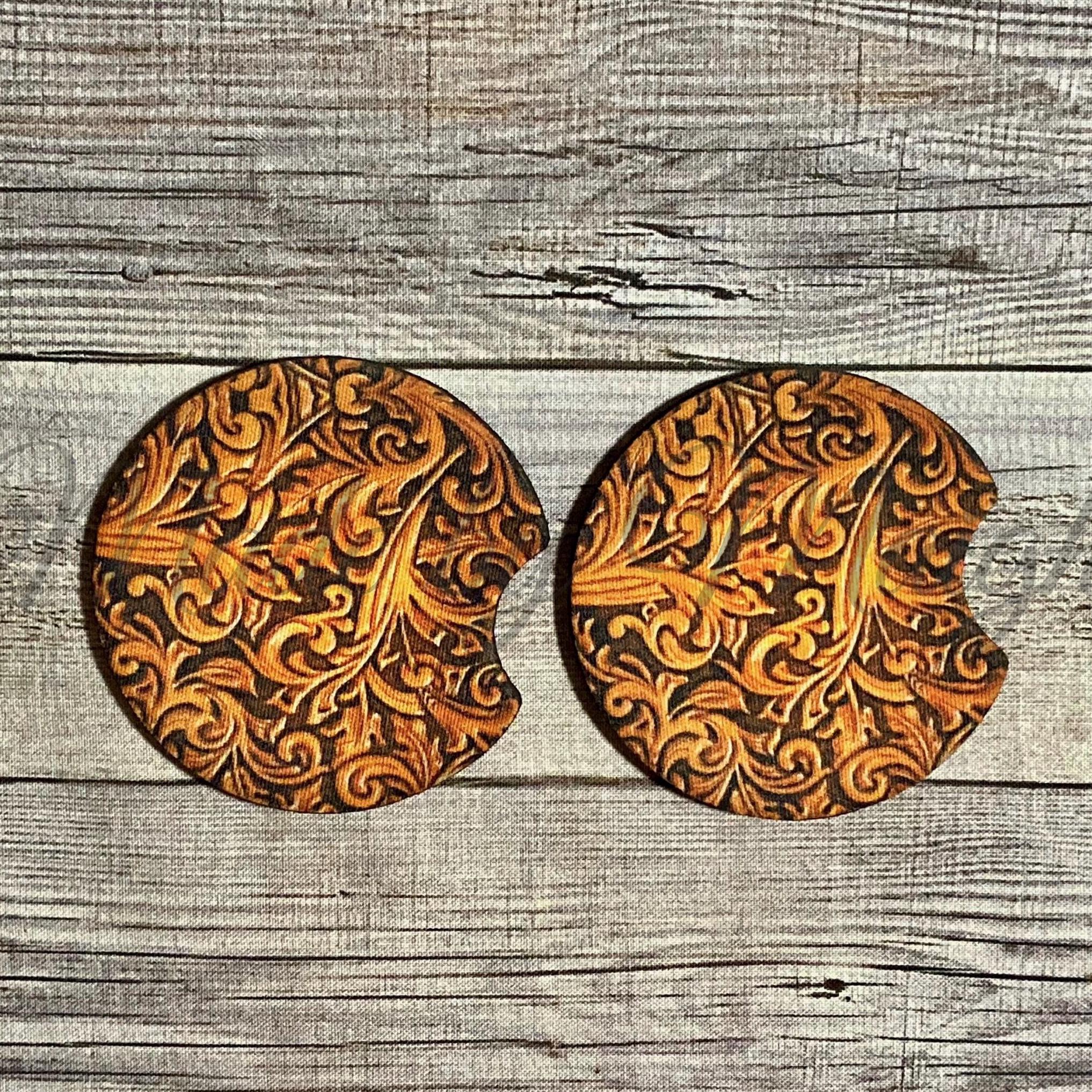 Orange Brown Tooled Leather Printed Car Coaster Set - Etsy