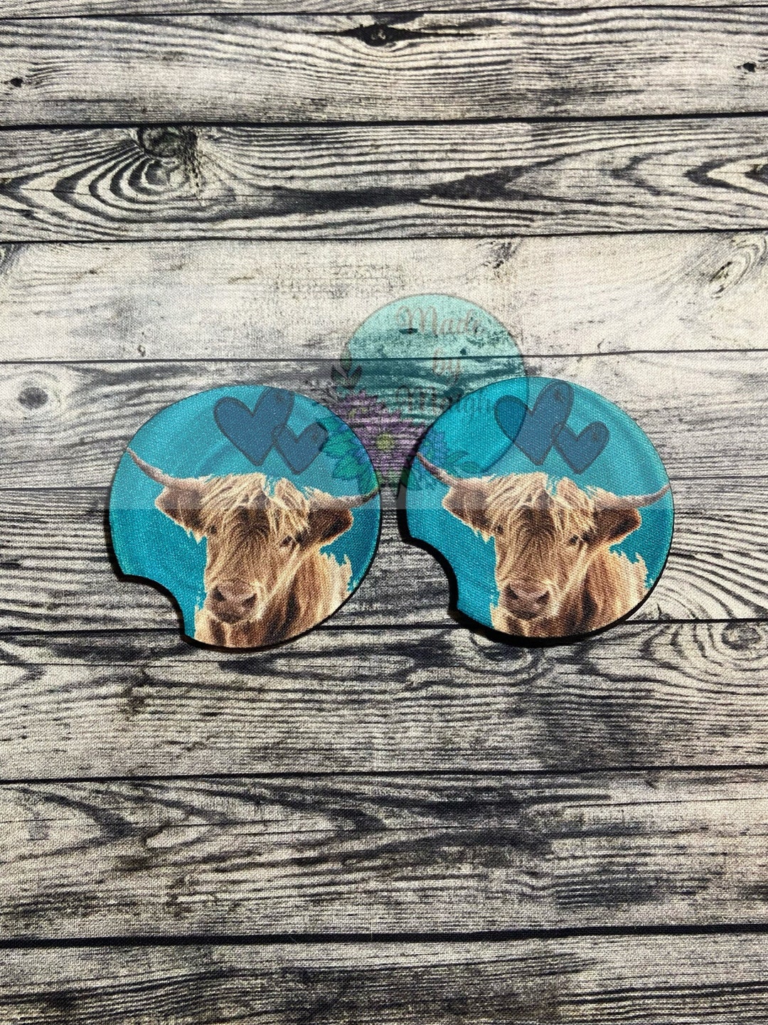 Highland Cow With Turquoise Hearts Car Coaster Sets - Etsy