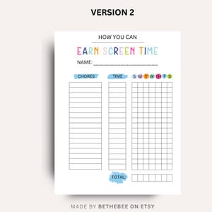 Kids Screen Time Chore Chart | Printable Reward Chart for Screen Time ...