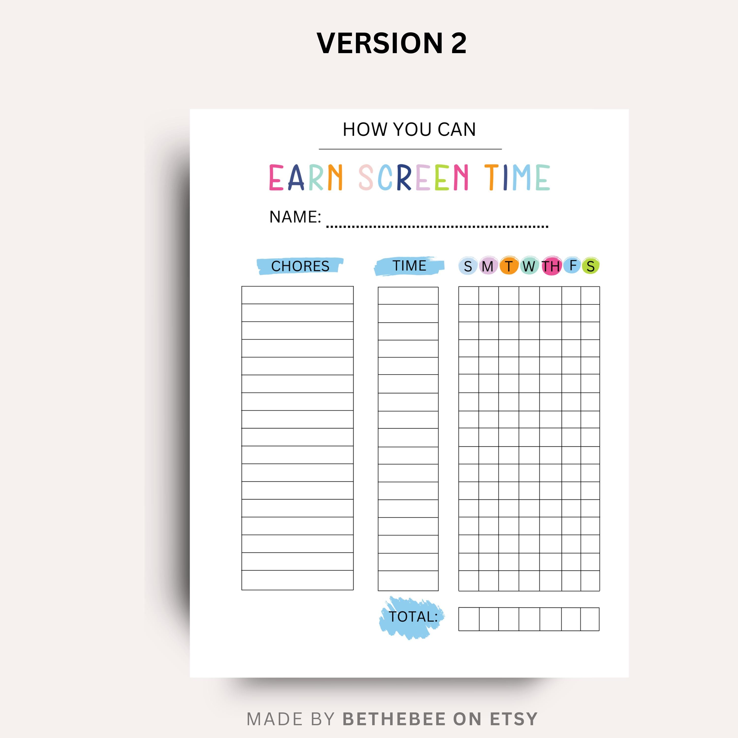 Kids Screen Time Chore Chart | Printable Reward Chart for Screen Time ...