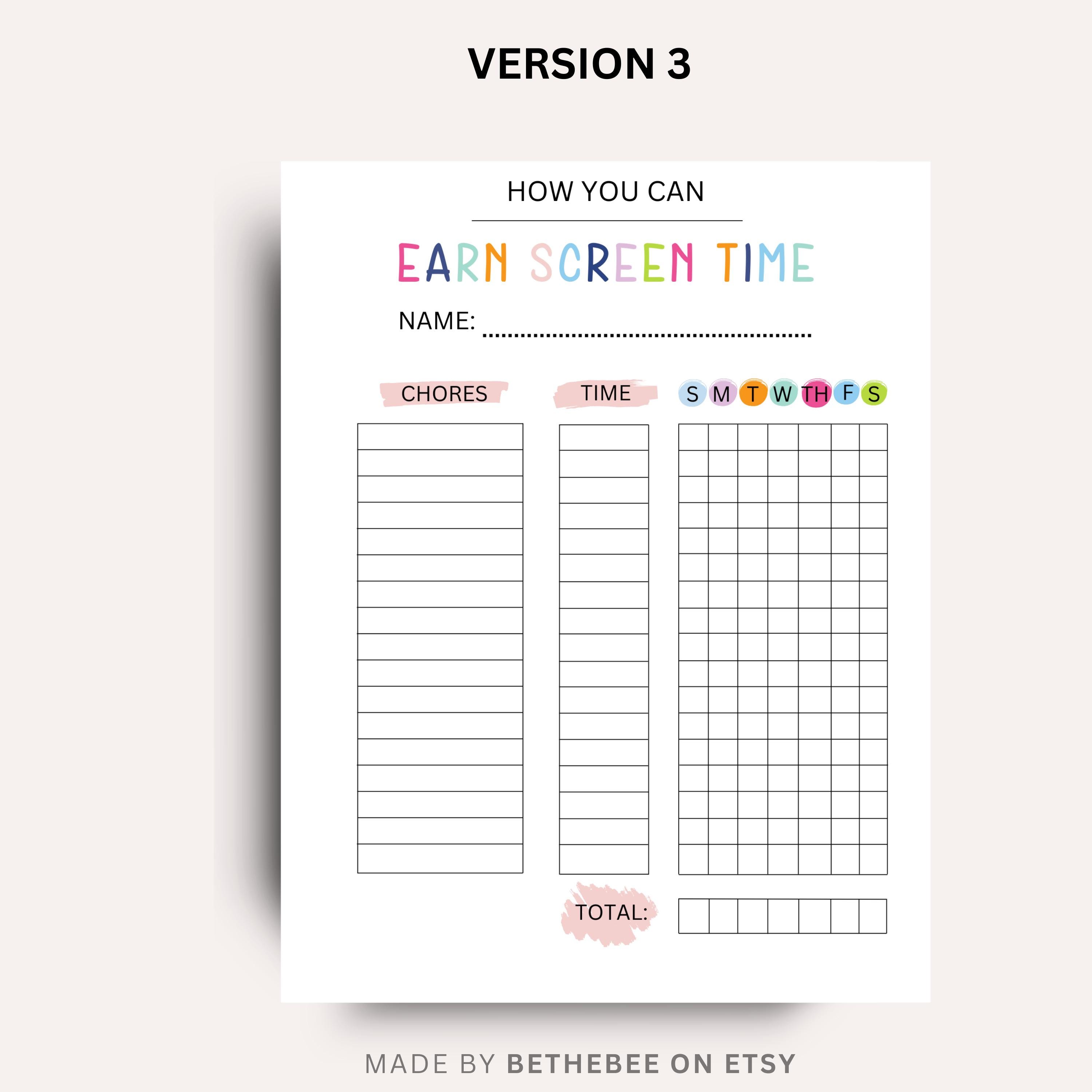 Kids Screen Time Chore Chart | Printable Reward Chart for Screen Time ...