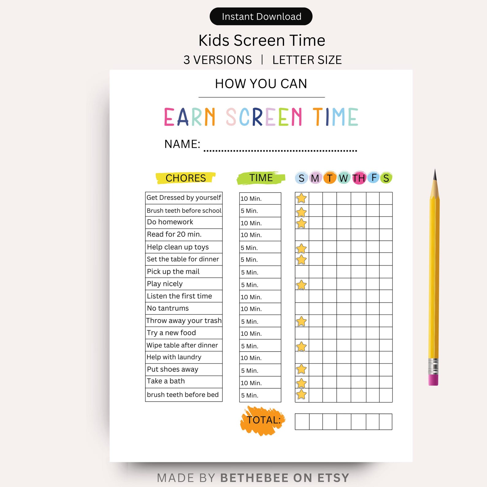 Kids Screen Time Chore Chart | Printable Reward Chart for Screen Time ...