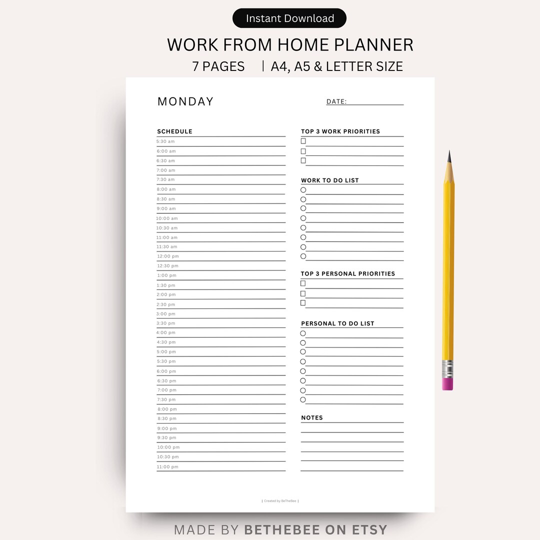 Work From Home Planner,pdf | A4, A5, Letter, 7 Pages, Time-slot ...