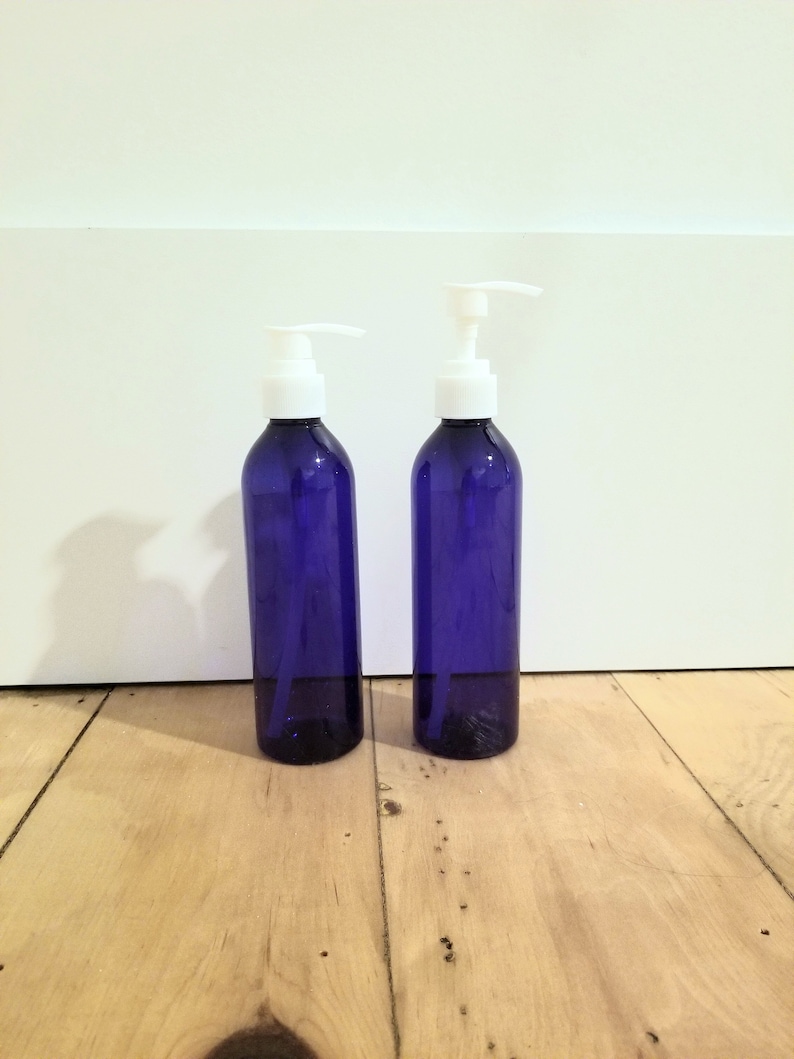 Set of Six Blue or Clear Plastic PET Bullet 8 Oz Bottles White Pump ...