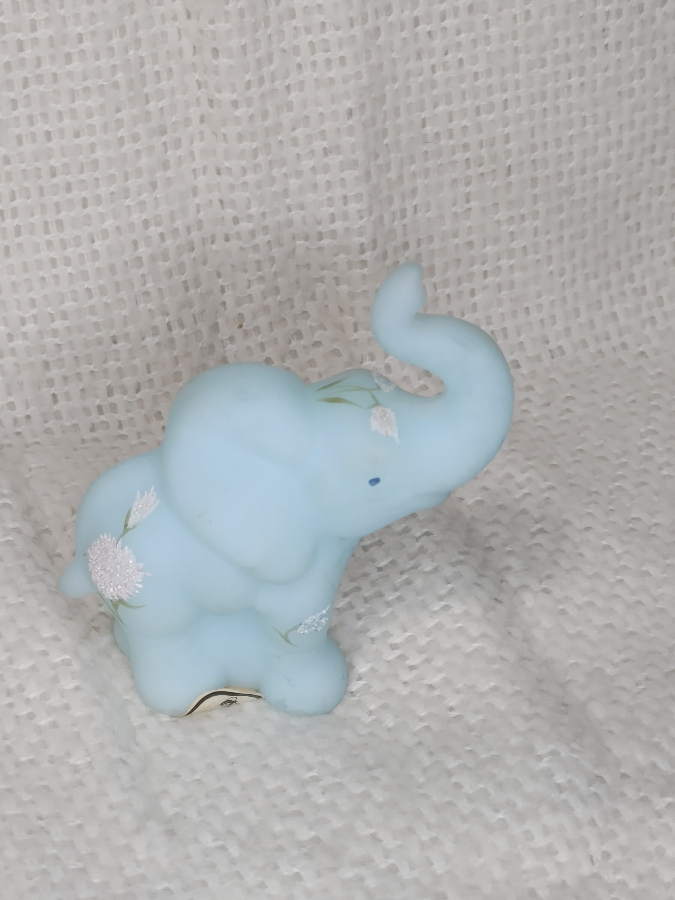 Fenton Blue Satin Glass Elephant Hand Painted Glitter Flower Signed ...