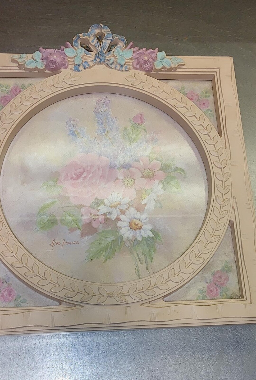Vintage Ava Freeman Framed Floral Print Home Decor Circle in a Square ...