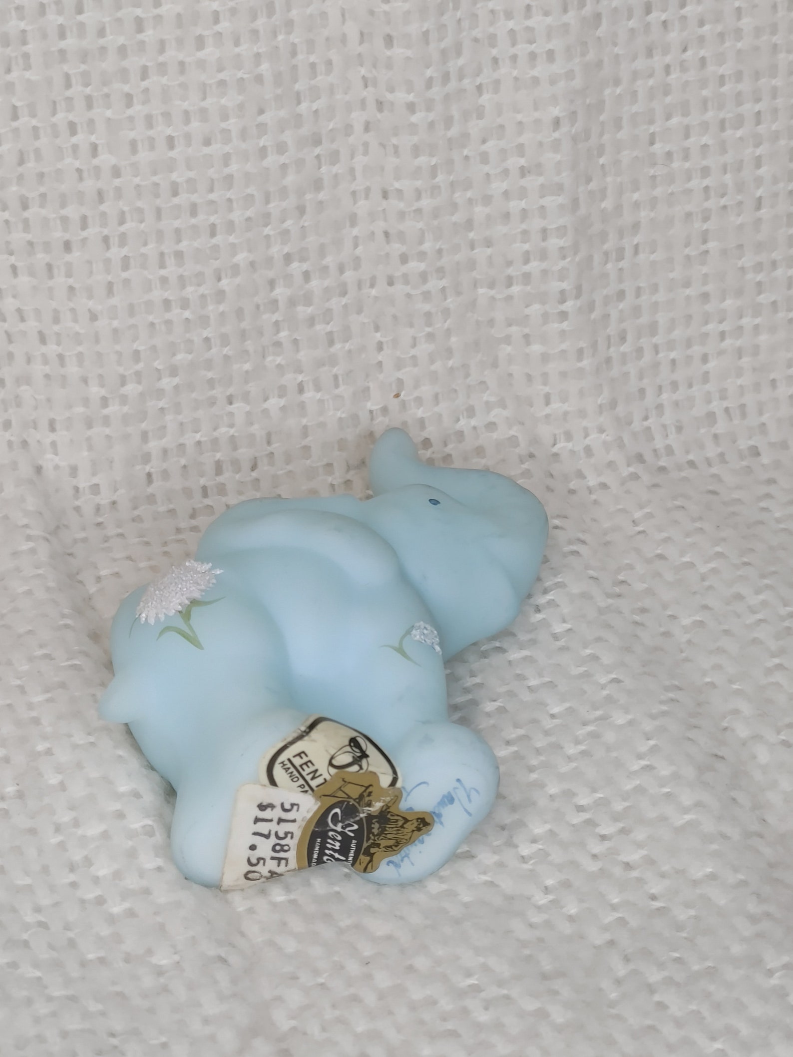 Fenton Blue Satin Glass Elephant Hand Painted Glitter Flower Signed ...