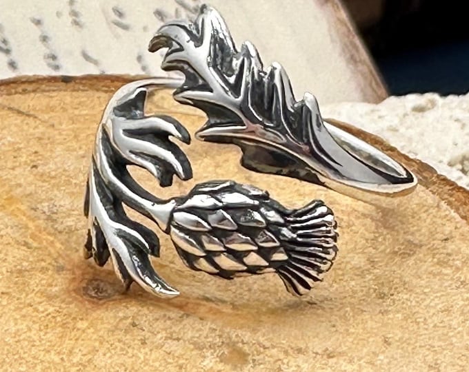 Sterling Silver Thistle Ring - Scottish Thistle Ring, Adjustable Ring, Symbolic Jewelry, Nature ...