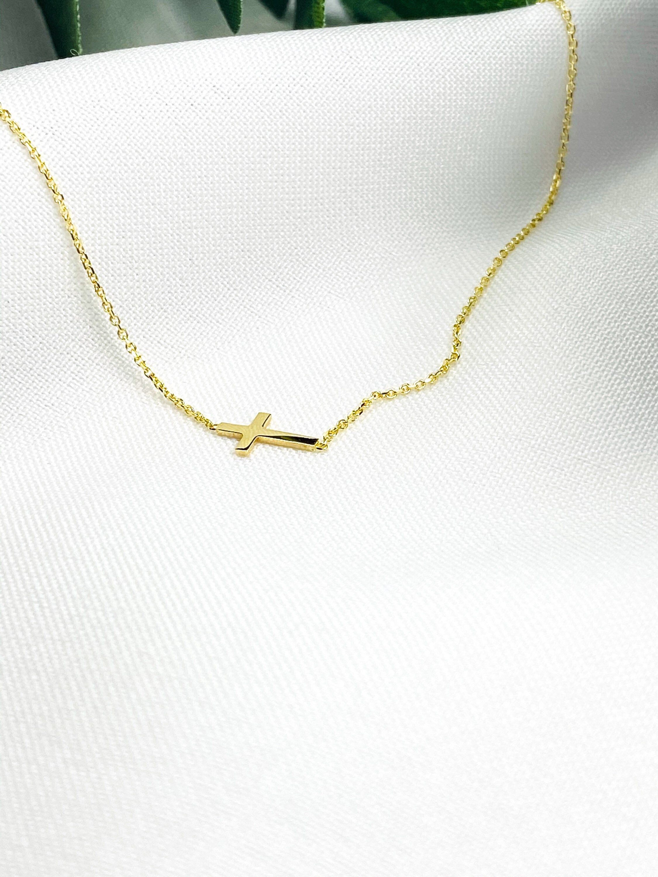 14K Gold Cross Necklace - Tiny Solid 14K Gold Sideways Cross, Gold ...
