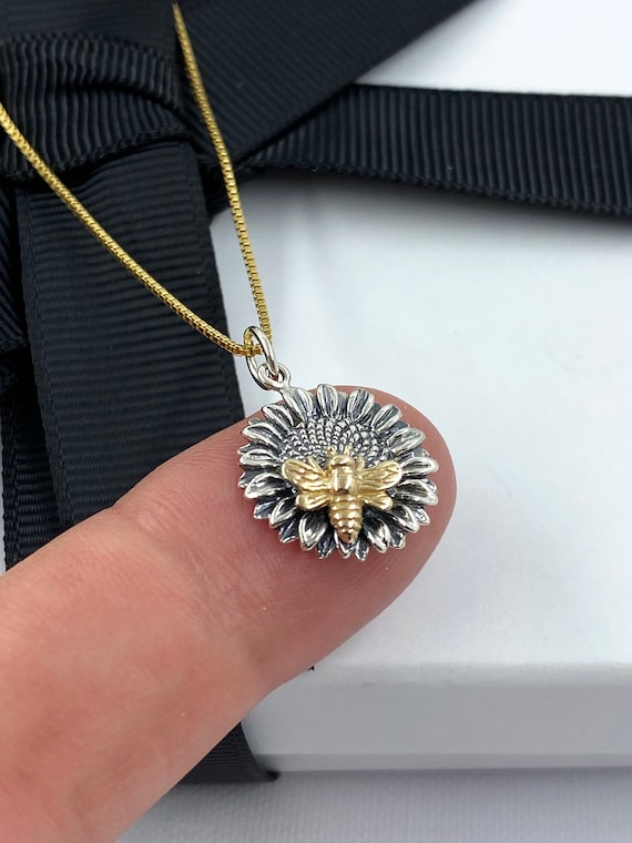 Sunflower and Bee Necklace Flower Necklace Silver Bee Jewelry Gold Bee Necklace Sparkling Bumble Bee Honey Bee Gifts Bee Lovers Etsy