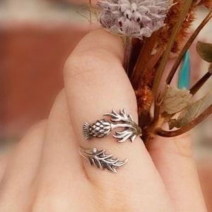Sterling Silver Thistle Ring - Scottish Thistle Ring, Adjustable Ring, Symbolic Jewelry, Nature ...