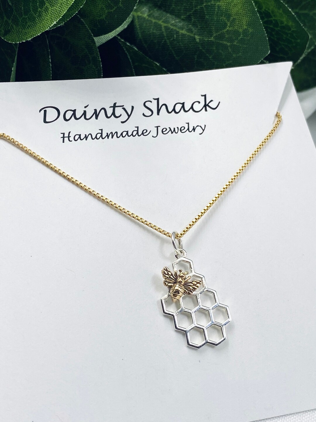 Dainty Sterling Silver Honeycomb Bee Necklace - Tiny Silver and Gold ...