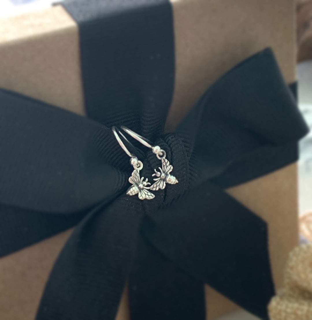 Dainty Sterling Silver Bee Earrings - Dainty Drop Earrings - Gold Bees ...