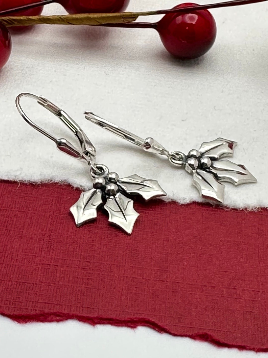 Holly Earrings - Sterling Silver Mistletoe Earrings, Mistletoe Earrings ...