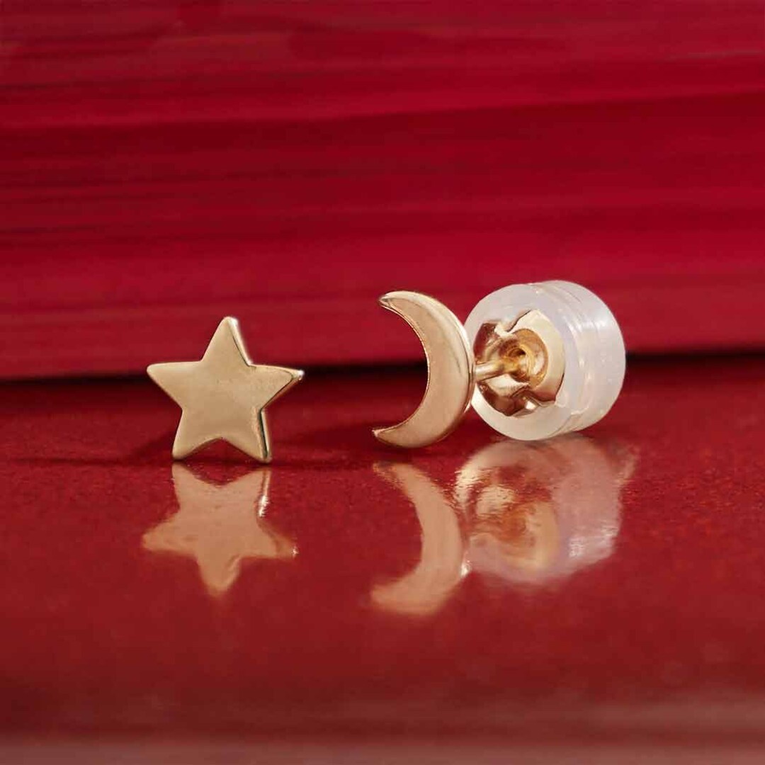 Star and Moon Earrings - Solid 14K Real Gold Stars, Solid Gold Moon and ...