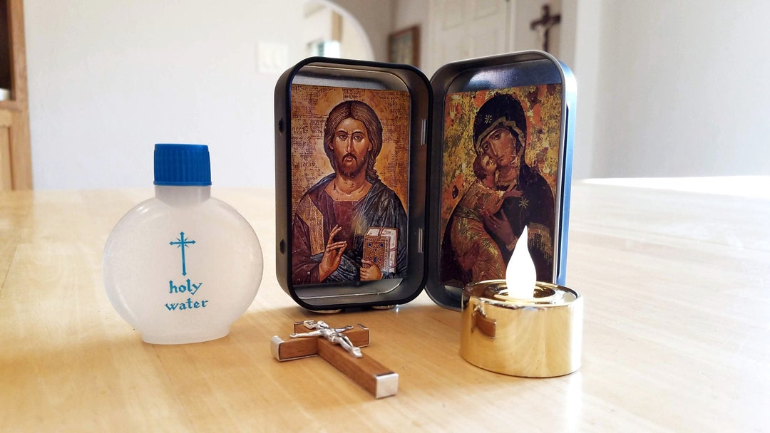 Small Catholic Oratory Shrine / Black Tin Portable Travel Prayer Space ...