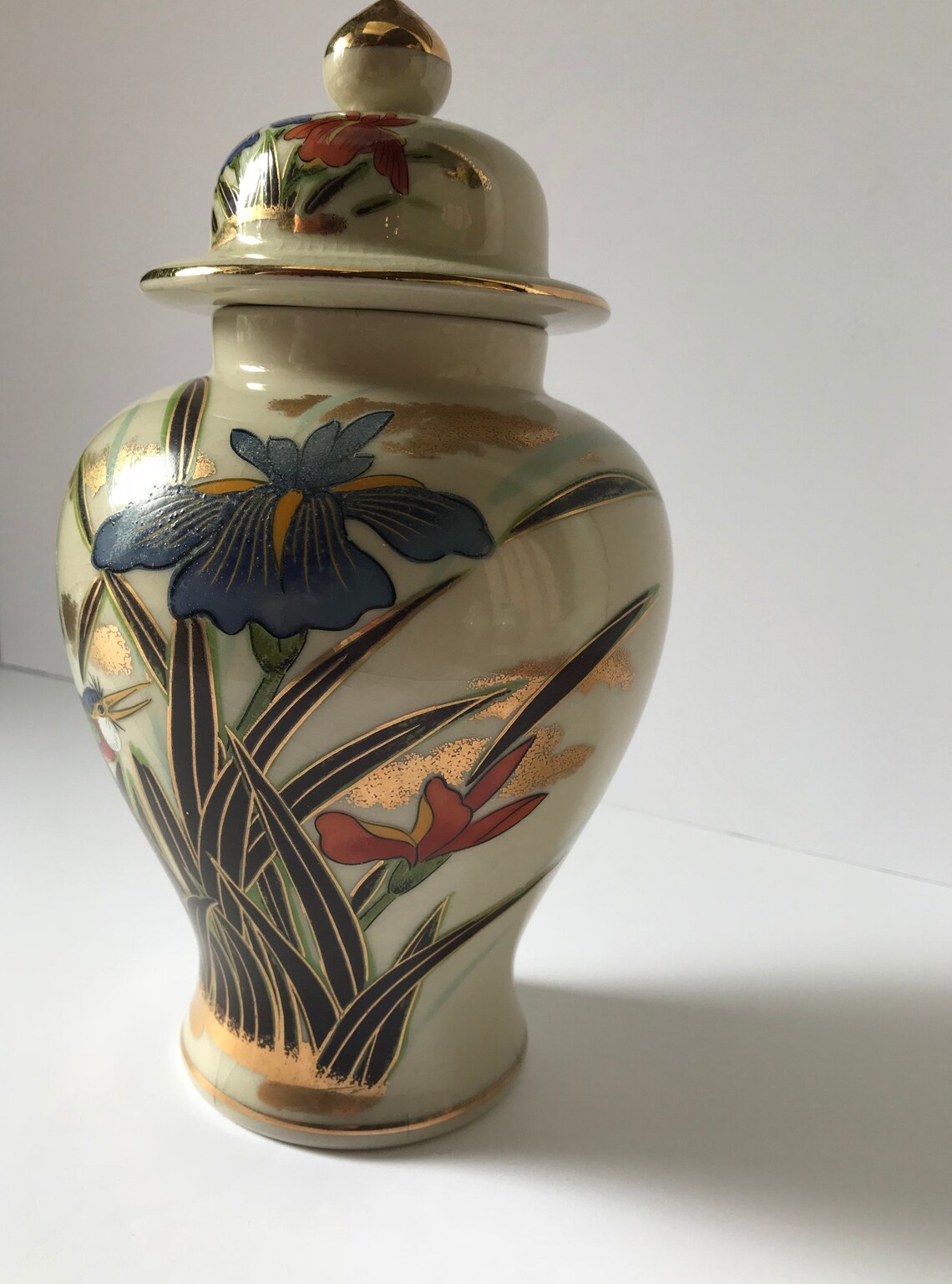 Vintage Satsuma Ginger Jar iris bird blue Rust Yellow Gold | Etsy