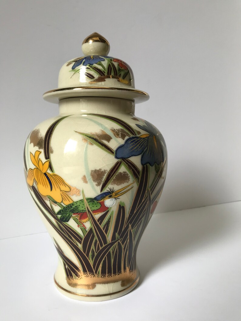 Vintage Satsuma Ginger Jar iris bird blue Rust Yellow Gold | Etsy