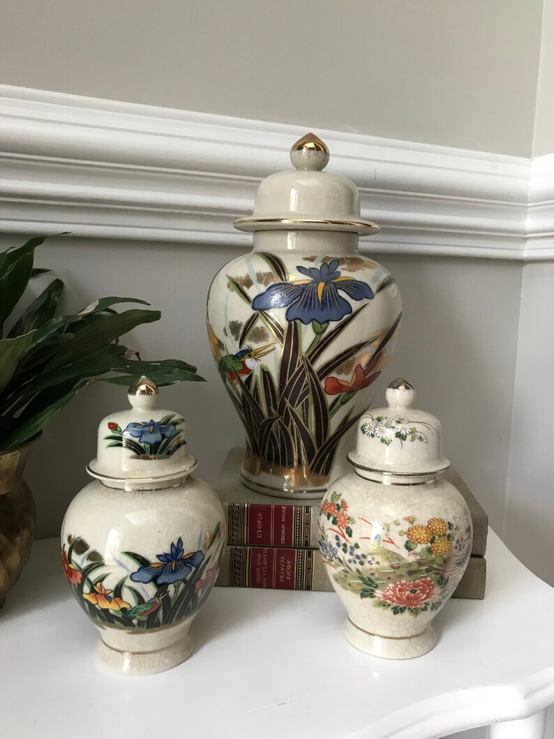 Vintage Satsuma Ginger Jar iris bird blue Rust Yellow Gold - Etsy