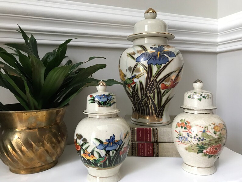 Vintage Satsuma Ginger Jar iris bird blue Rust Yellow Gold | Etsy