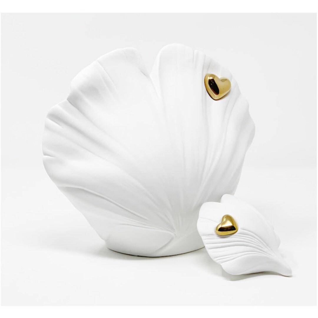 Modern Ceramic Funeral Urn: White Leaf With Gold Heart Decor - Etsy