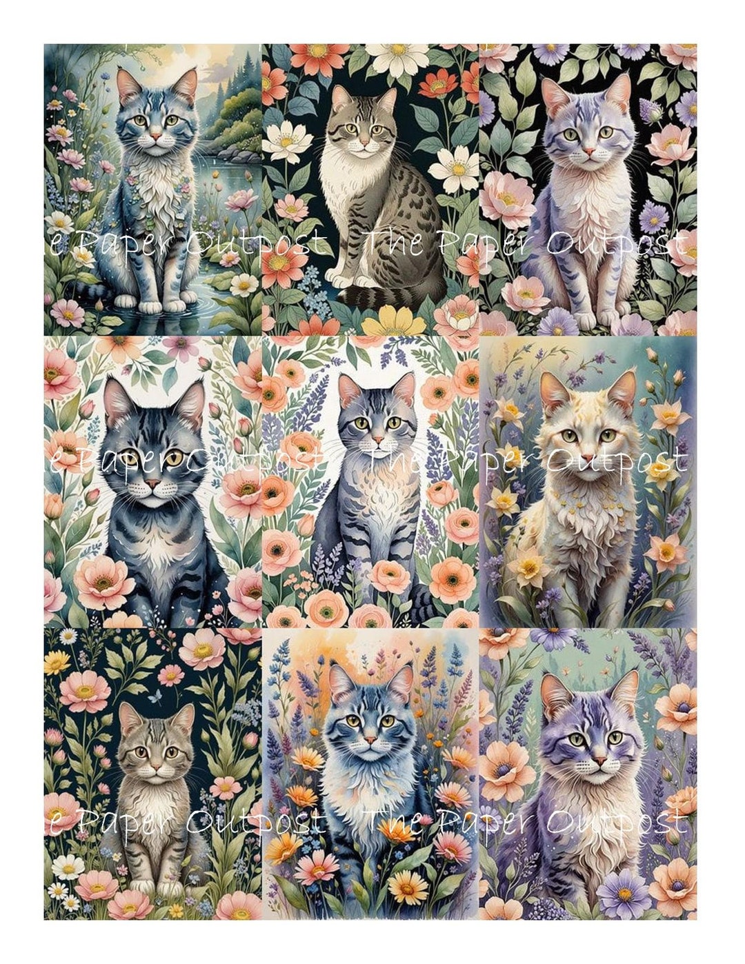 Garden Cat Digikit: Floral Kitty Printable Images (digital Download) - Etsy
