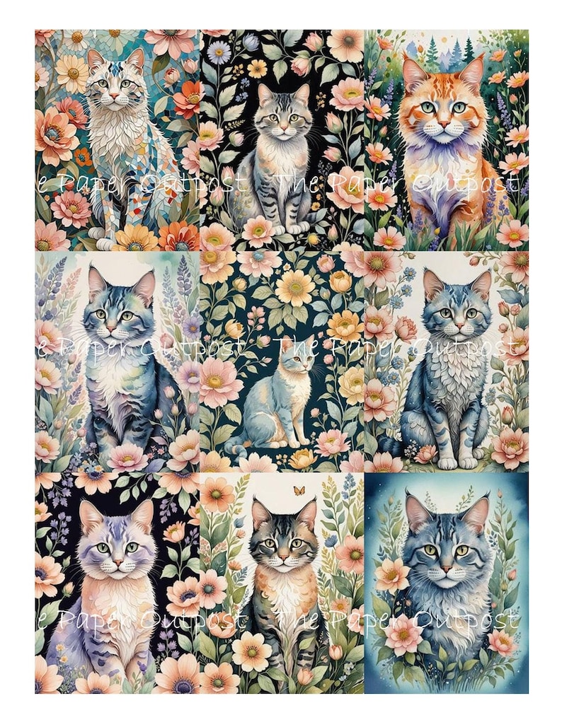 Garden Cat Digikit: Floral Kitty Printable Images (digital Download) - Etsy