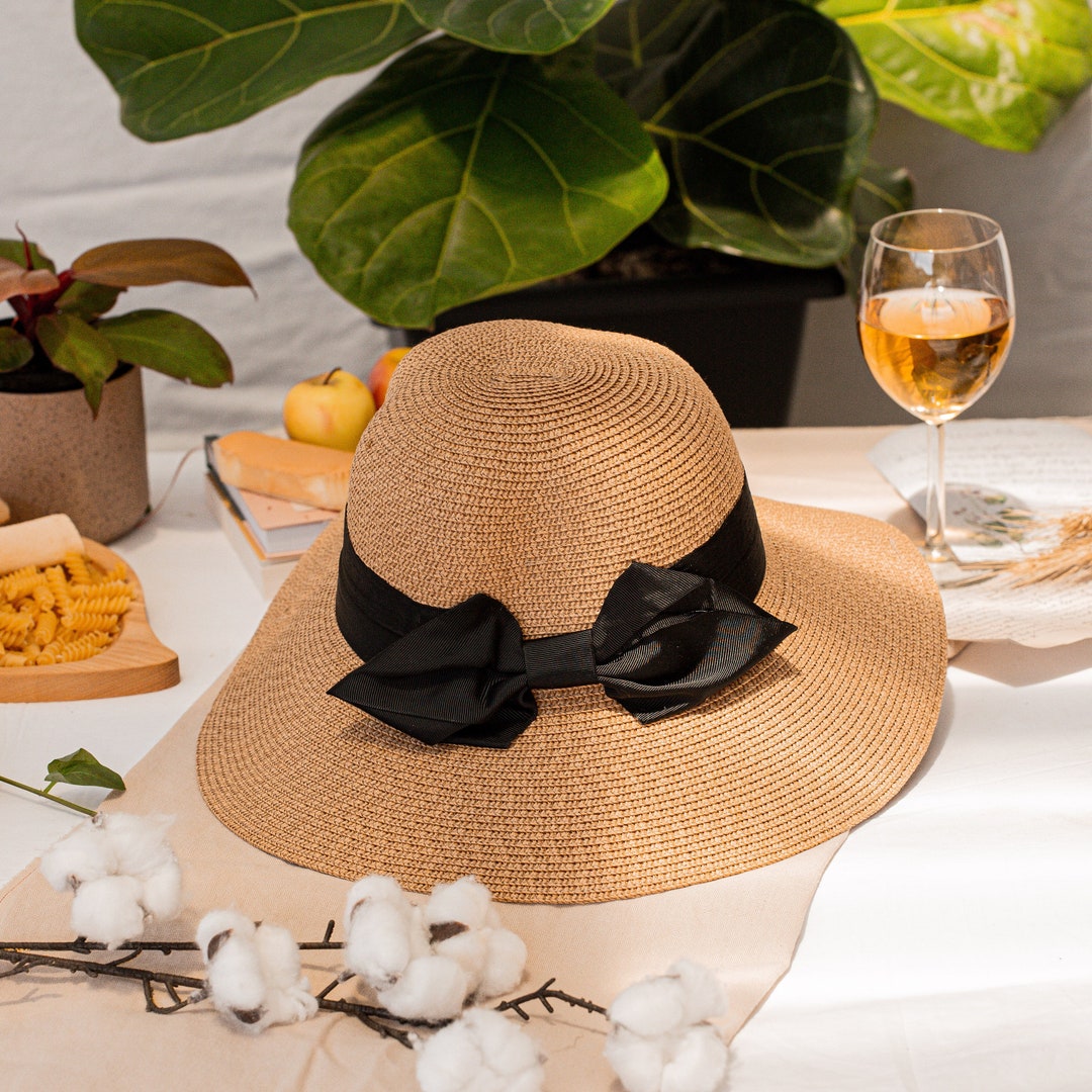 Straw Boater Wide Brim Hat Black Ribbon, Vintage Elegant Wedding Rattan ...