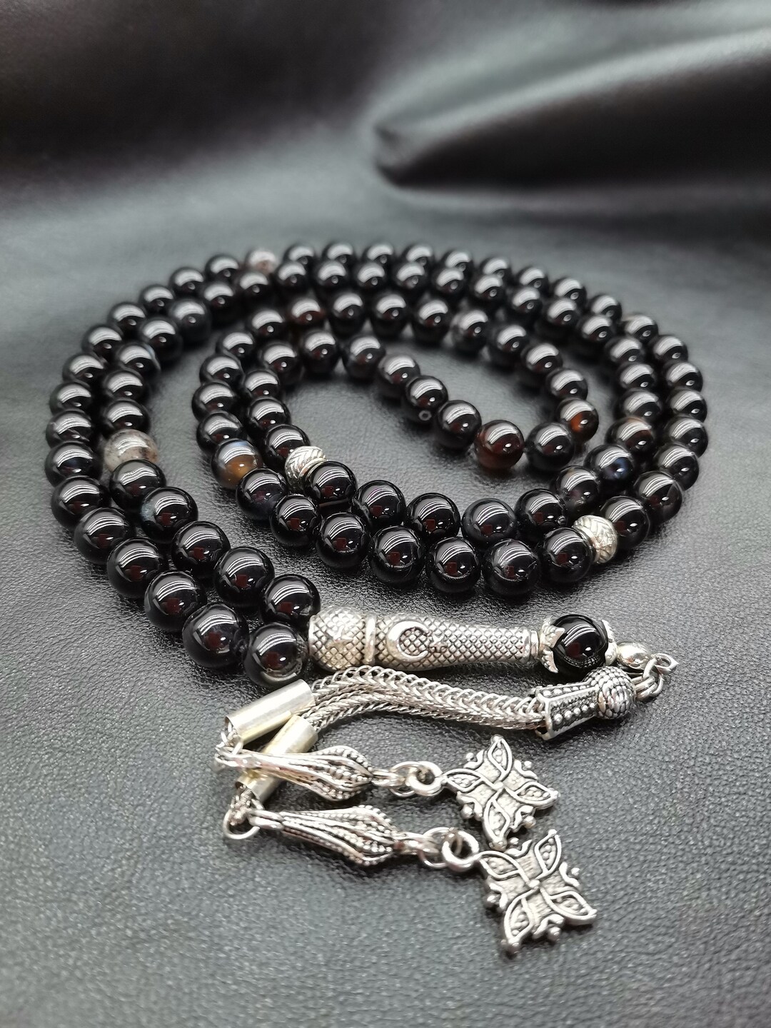 Black Agate Tasbih, 99 Islamic Misbaha, 8 Mm Aqeeq Gemstone Tesbih ...