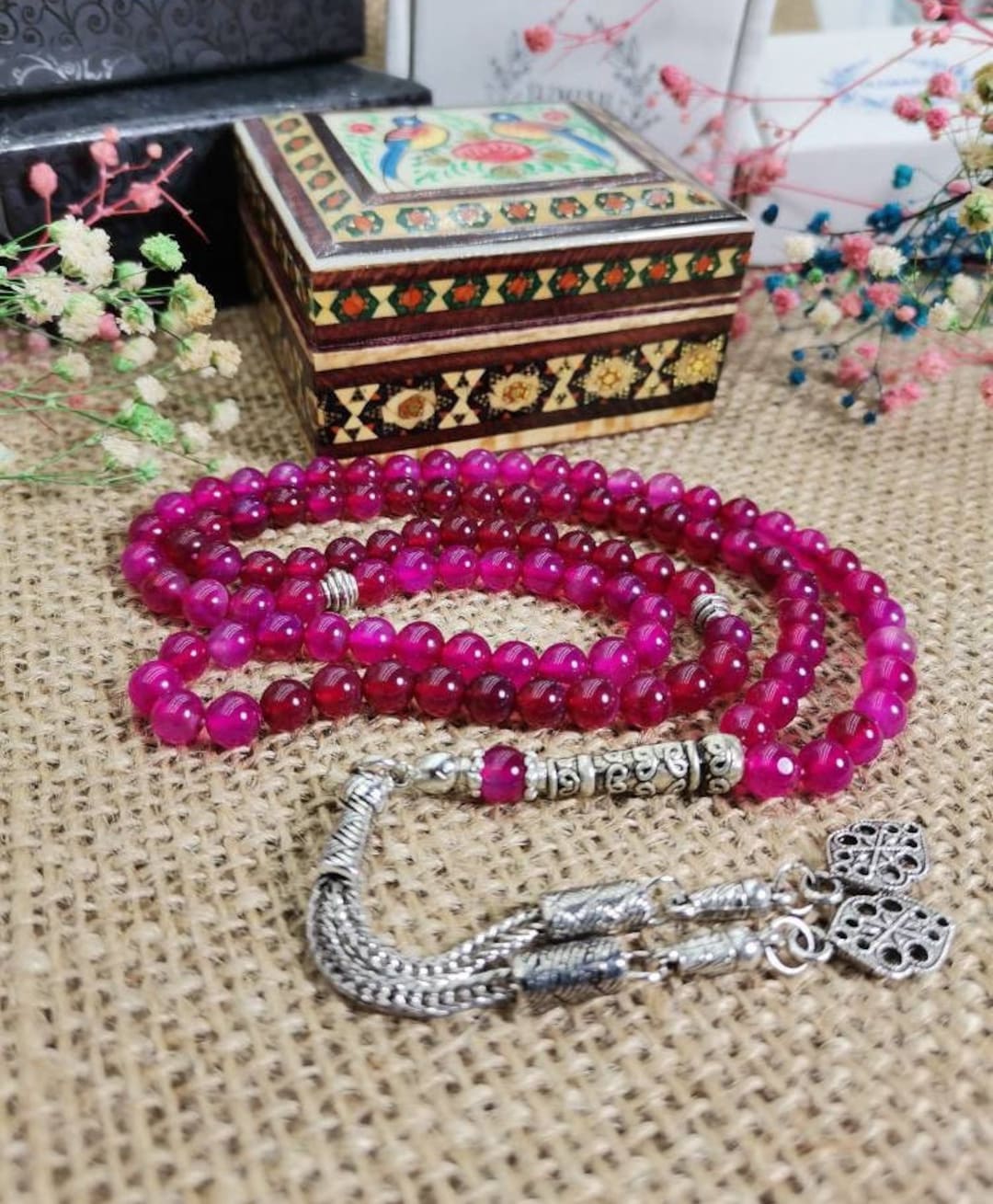 99 Agate Tasbih, Pink Aqeeq Tesbih, Turkish Prayer Beads, Real Gemstone ...