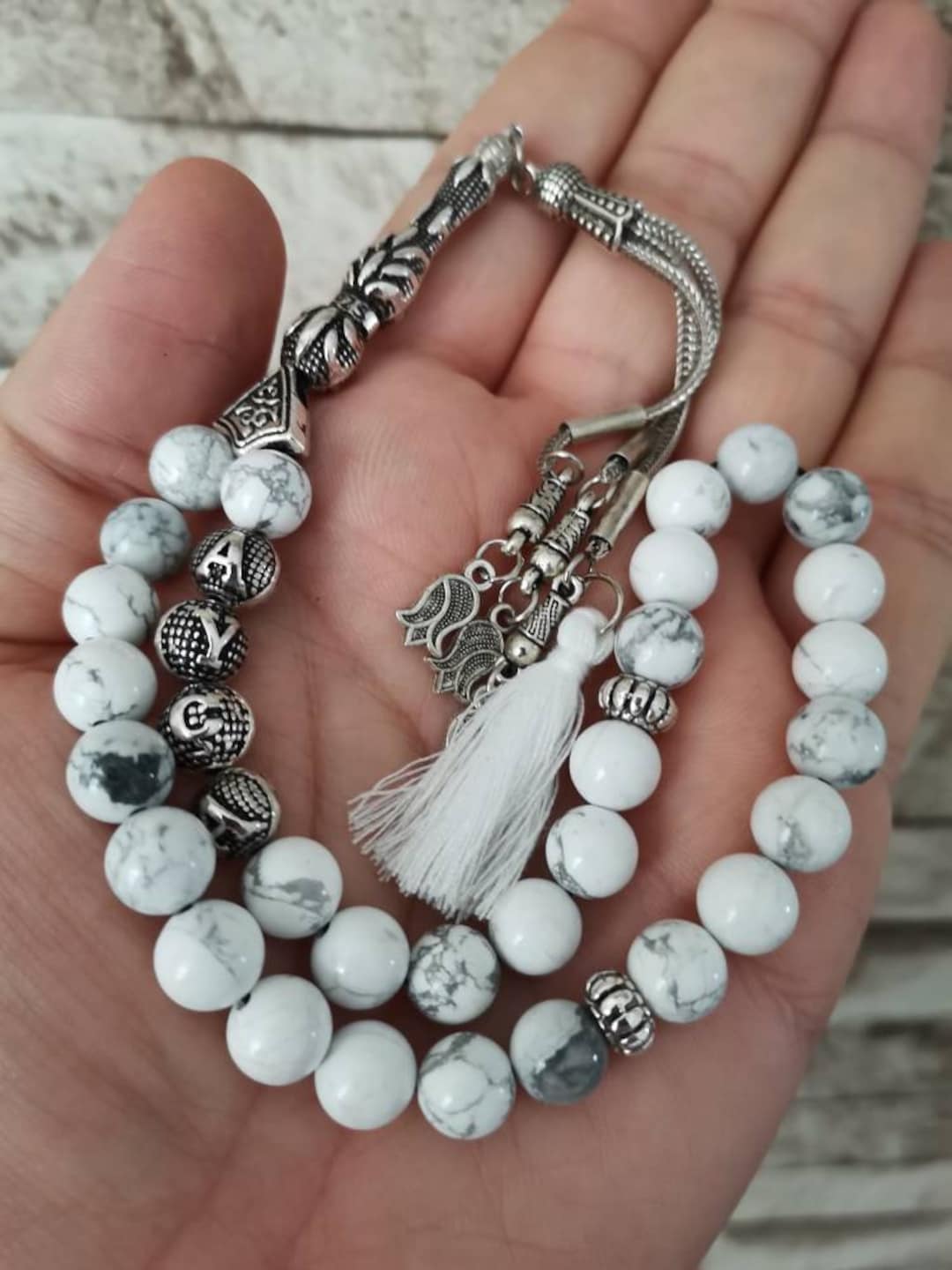 Custom Howlite Tasbih, Personalized White Gemstone Tesbih, 33 Beaded ...