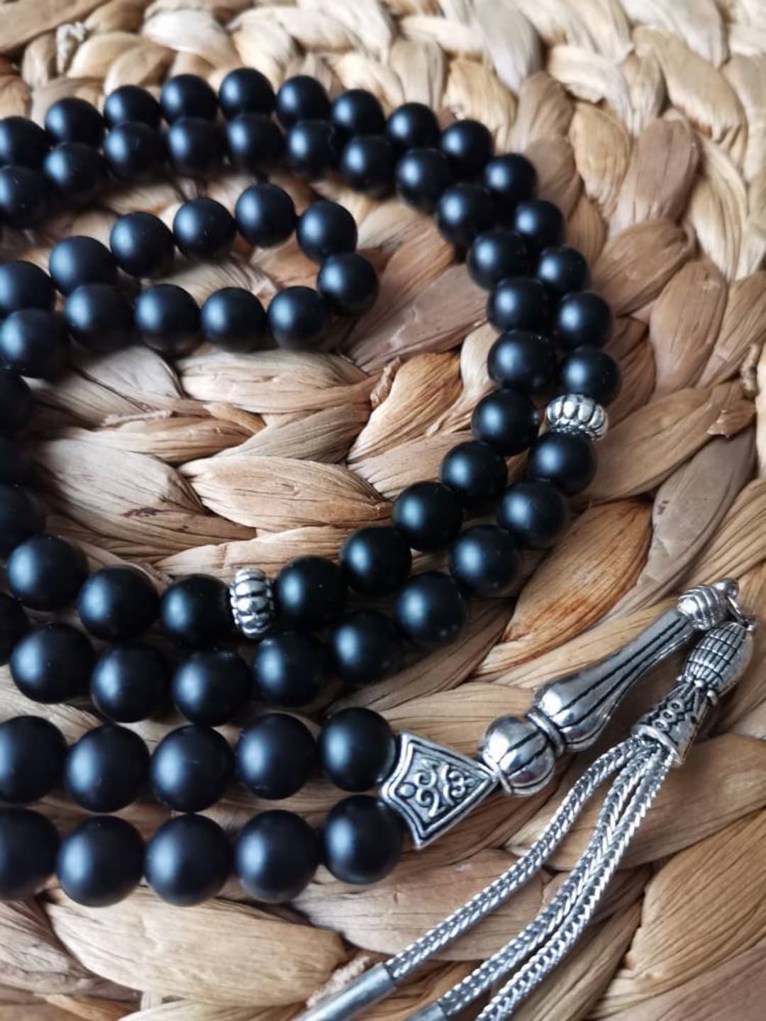 Matte Black Onyx Tasbih: 99 Bead Turkish Prayer Beads, Certificate of ...