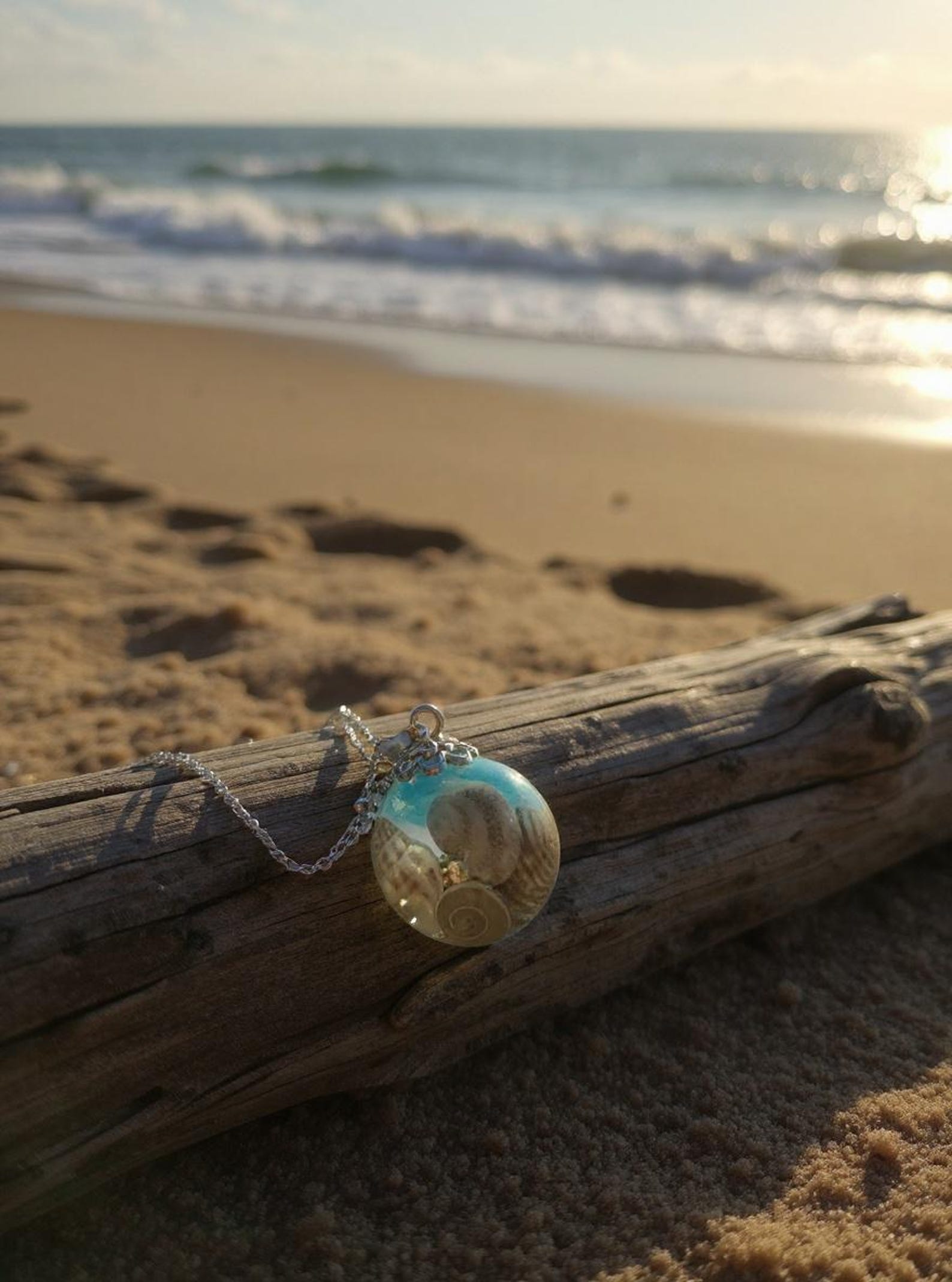 Ocean Resin Orb Necklace: Shells & Blue Ink, Sterling Silver Chain - Etsy