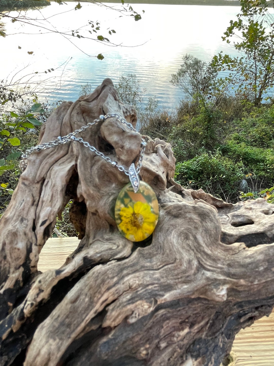 Wildflower Resin Necklace: Aqua Green Pendant, Sterling Silver Chain - Etsy