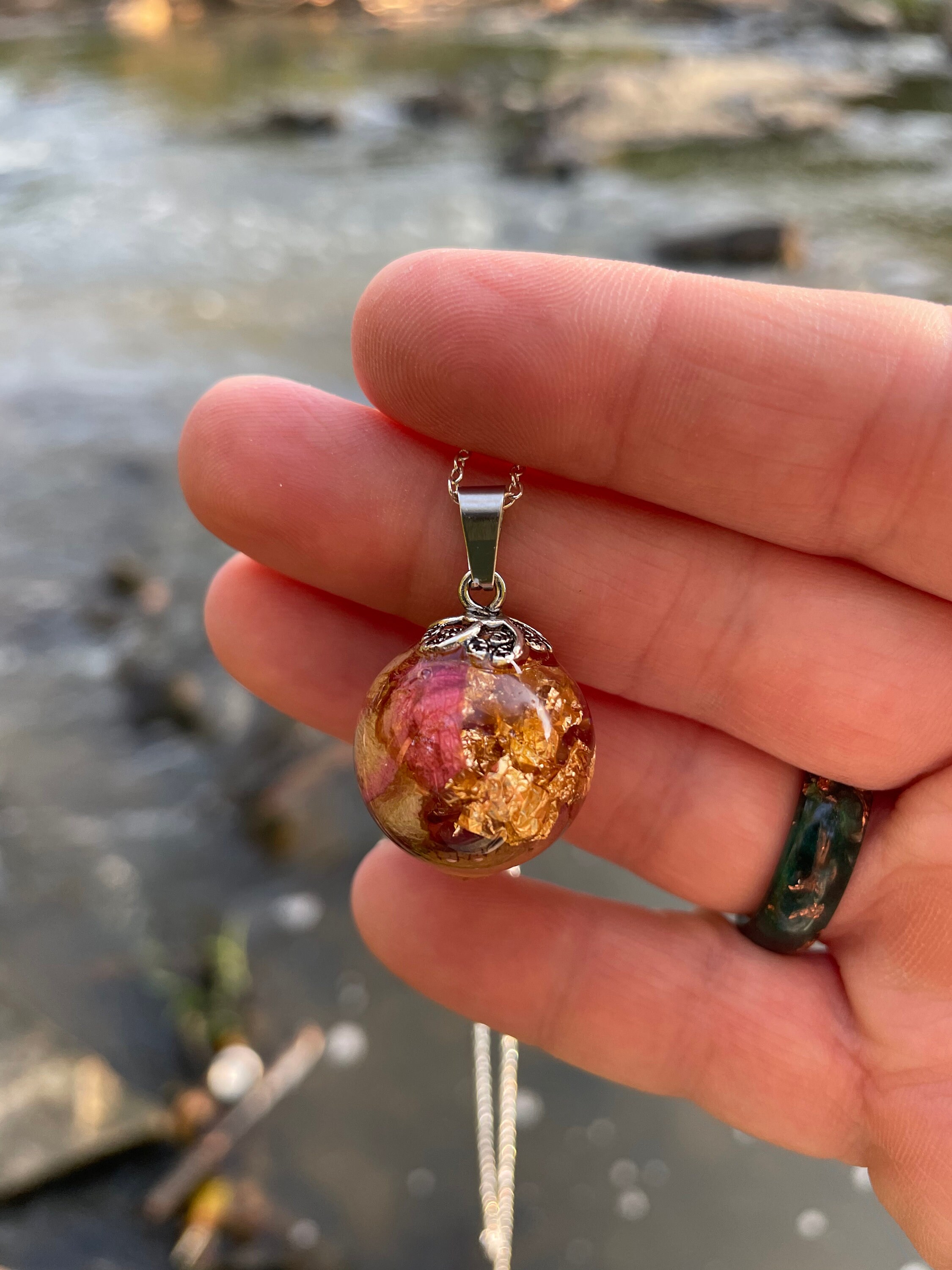 Real Rose Resin Orb Necklace: Gold Flake Flower Pendant - Etsy