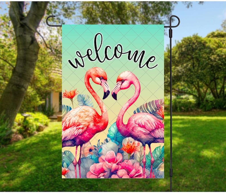 Welcome Flamingo Garden Flag, Summer Yard Flag PNG, Flamingo Flag ...