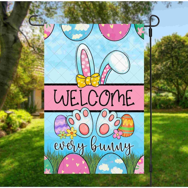 Easter Garden Flag, Cute Bunny Garden Flag Template, Welcome Every ...
