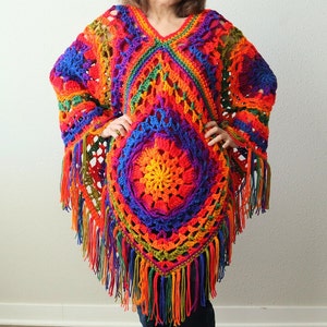 Granny Square Poncho Retro Style. Fun Crochet Poncho Using Large Granny ...