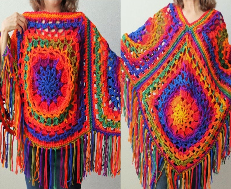 Granny Square Poncho Retro Style. Fun Crochet Poncho Using Large Granny ...