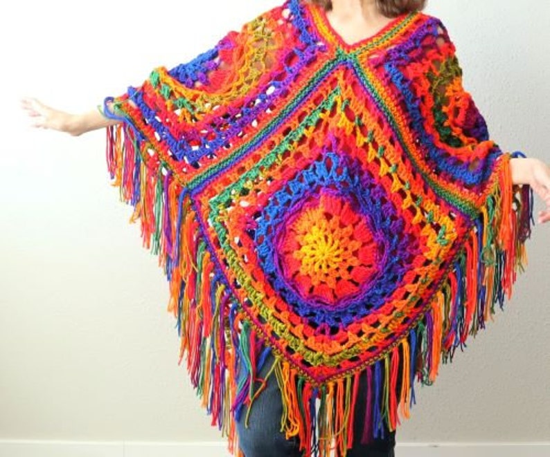 Granny Square Poncho Retro Style. Fun Crochet Poncho Using Large Granny ...