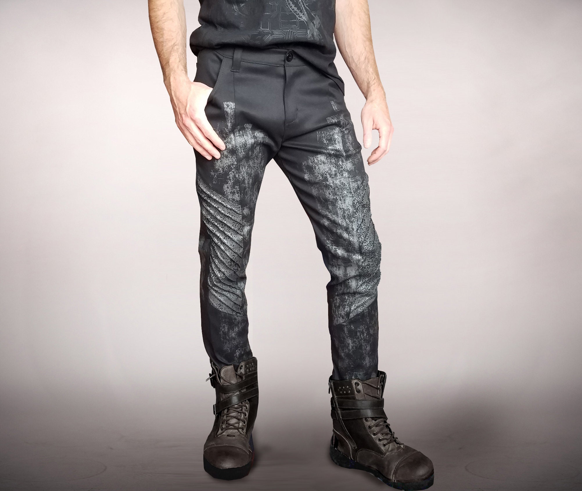Cyberpunk Pants Black With Grey-silver Print and Ruffles Post ...