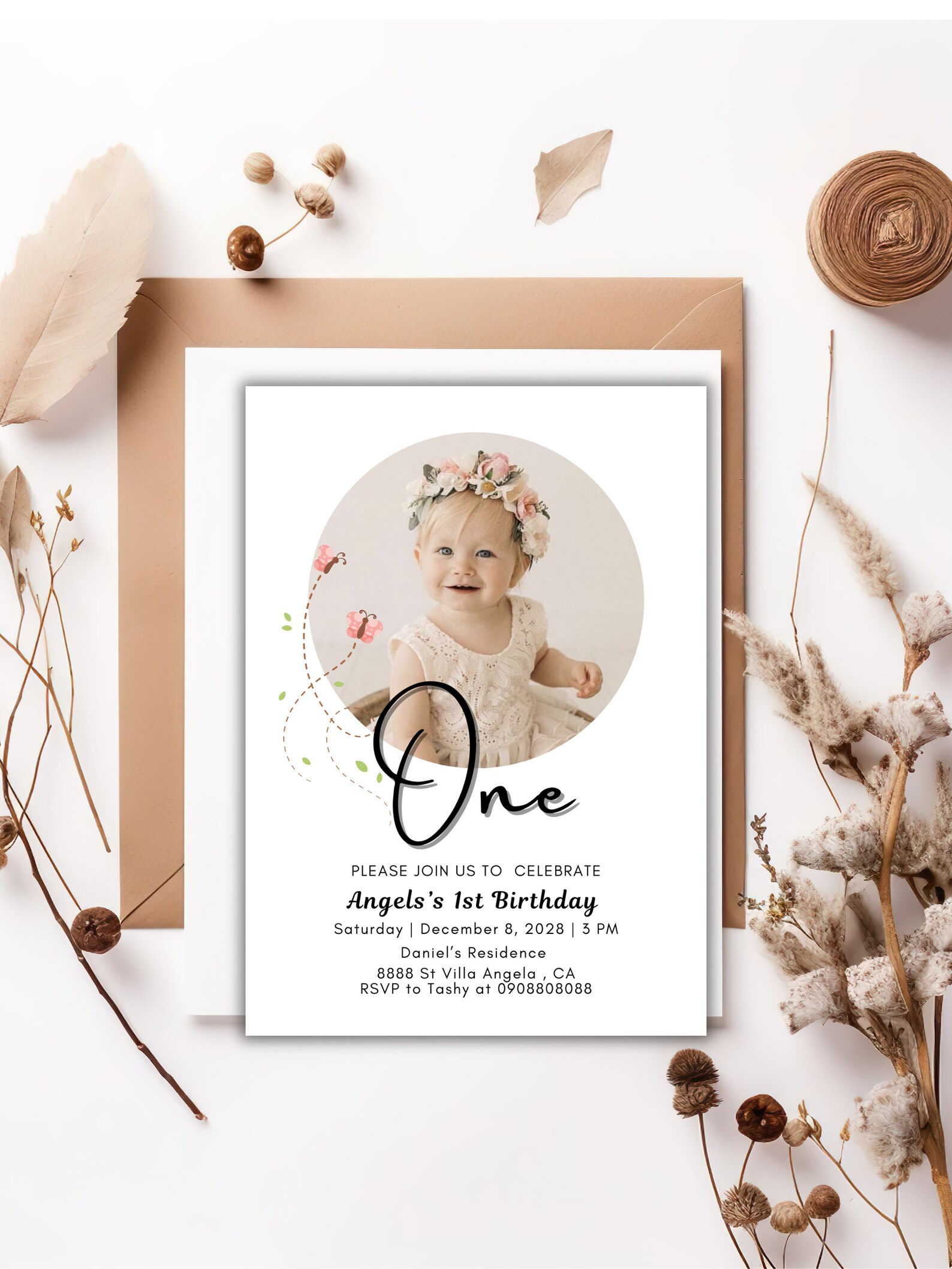 1st Birthday Invitation Girl, Minimalist 1st Birthday Invitation ...