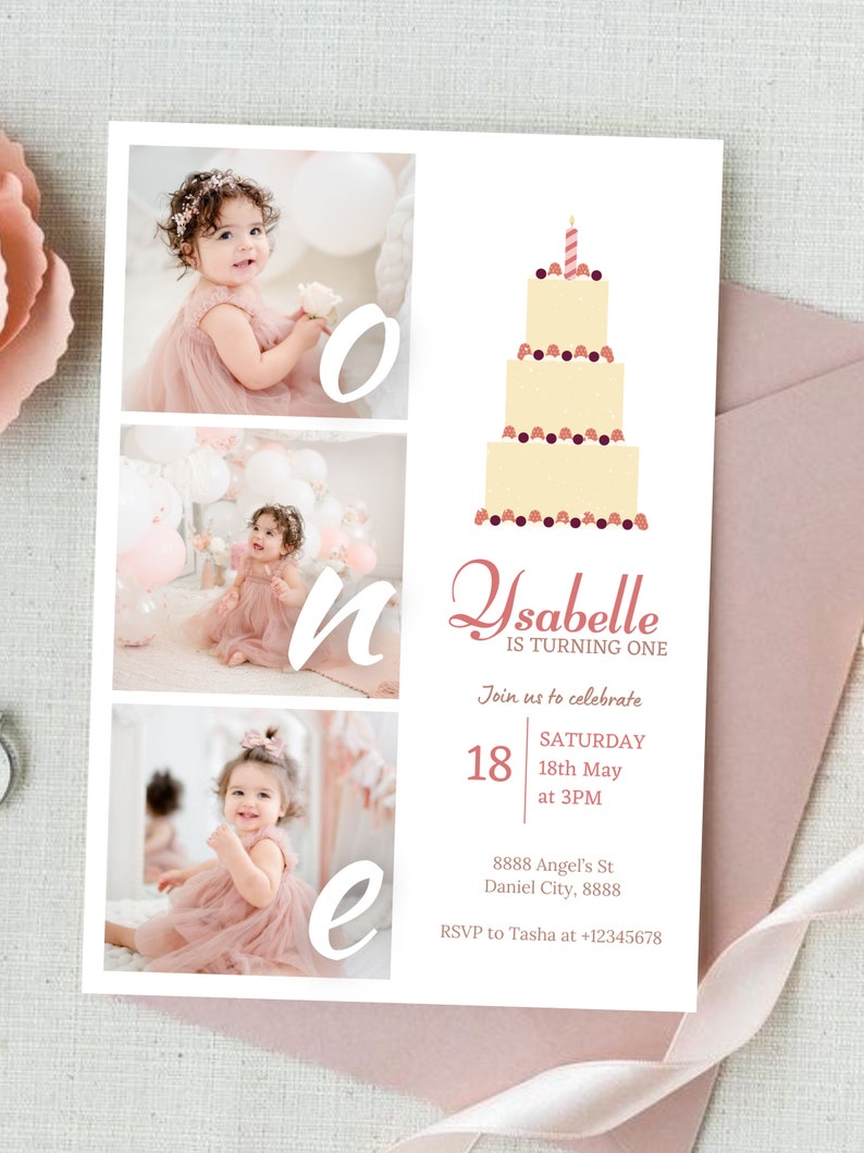 1st Birthday Invitation Girl, Minimal 1st Birthday Invitation Template ...