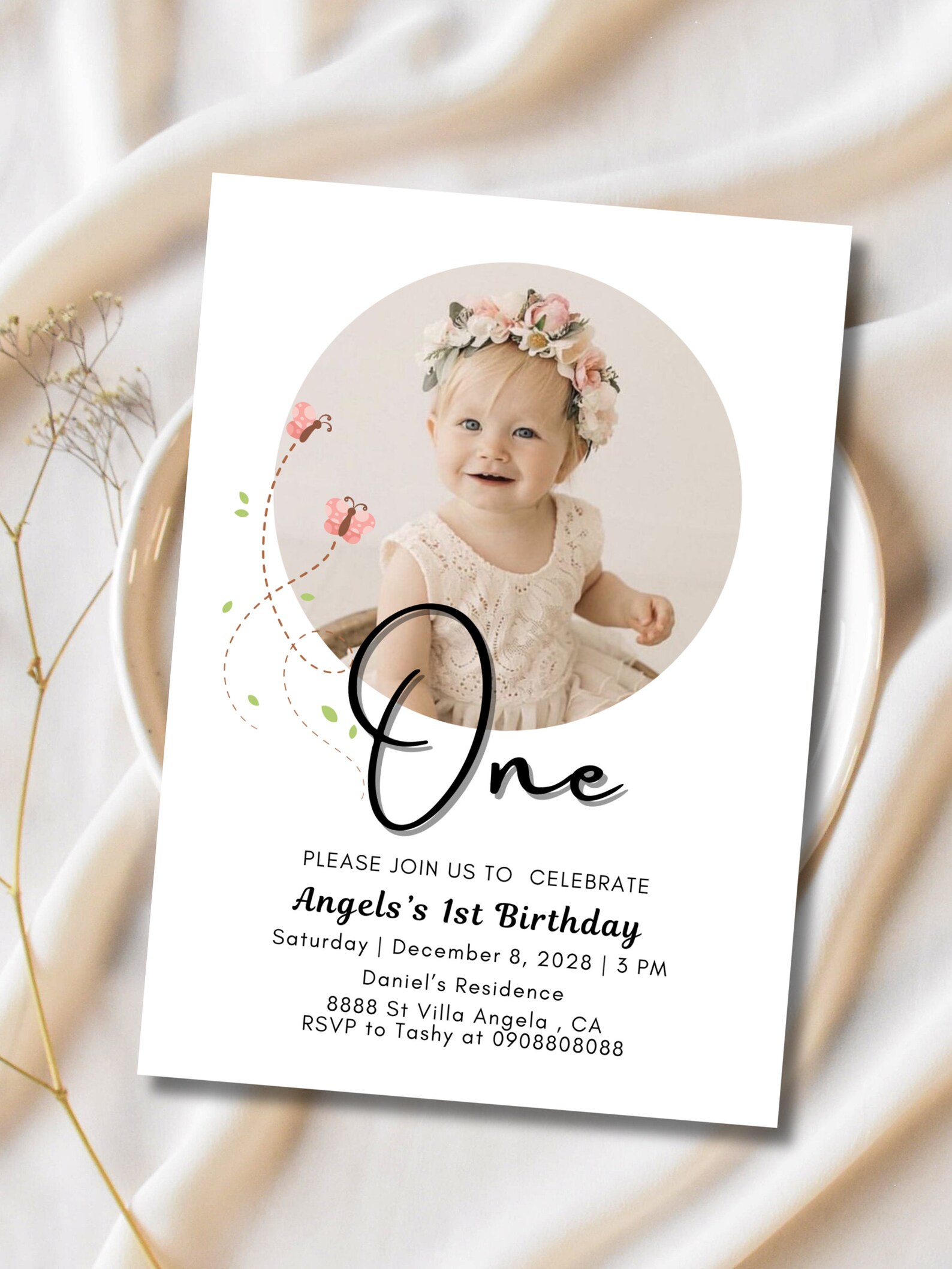 1st Birthday Invitation Girl, Minimalist 1st Birthday Invitation ...