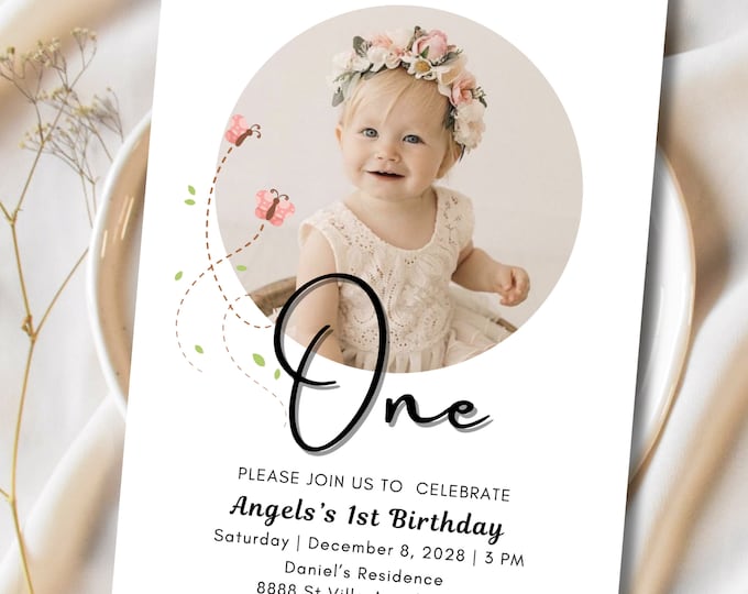 Girl 1st Birthday Invitation Template: Minimal Pink Design (editable ...