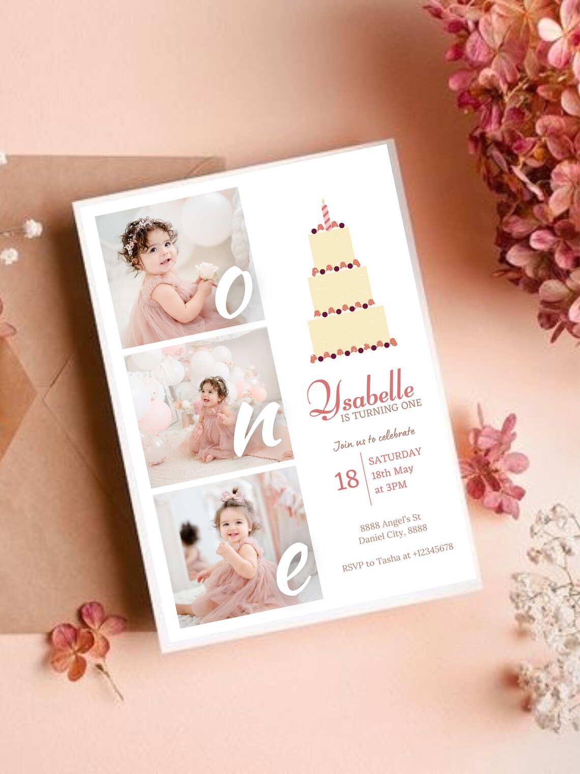Minimalist 1st Birthday Invitation Girl: Pink Photo Template (editable ...