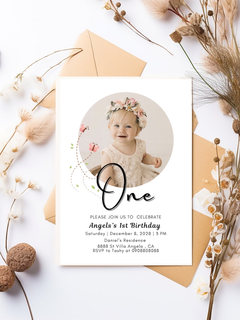 1st Birthday Invitation Girl, Minimalist 1st Birthday Invitation ...