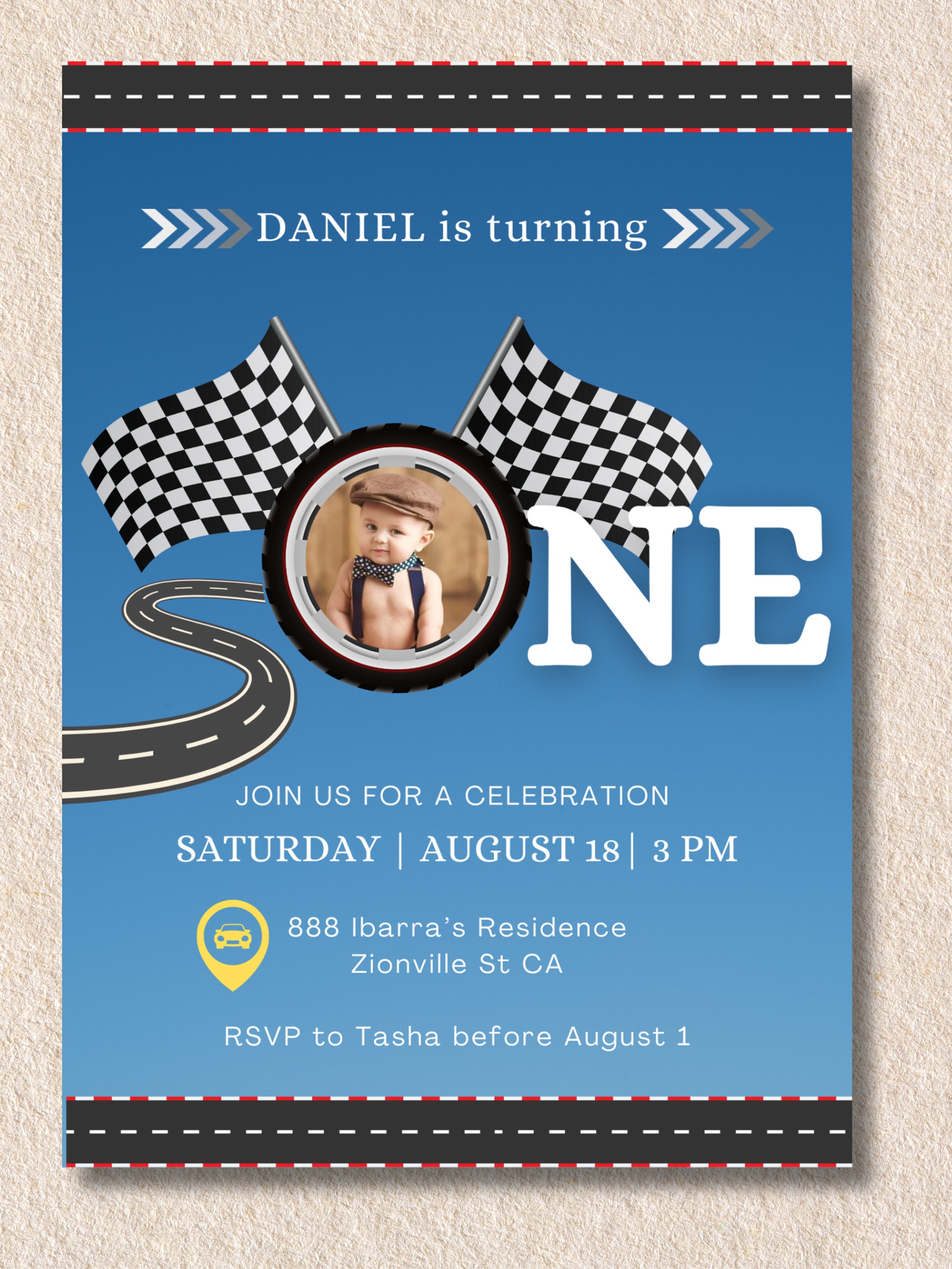 1st Birthday Invitation Boy, Minimalist Car Racing Template, Editable ...
